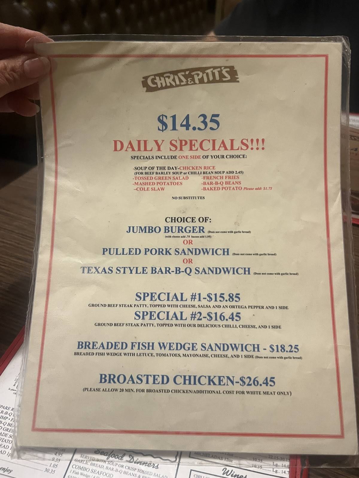 Menu at Chris & Pitts BBQ Restaurant, Downey