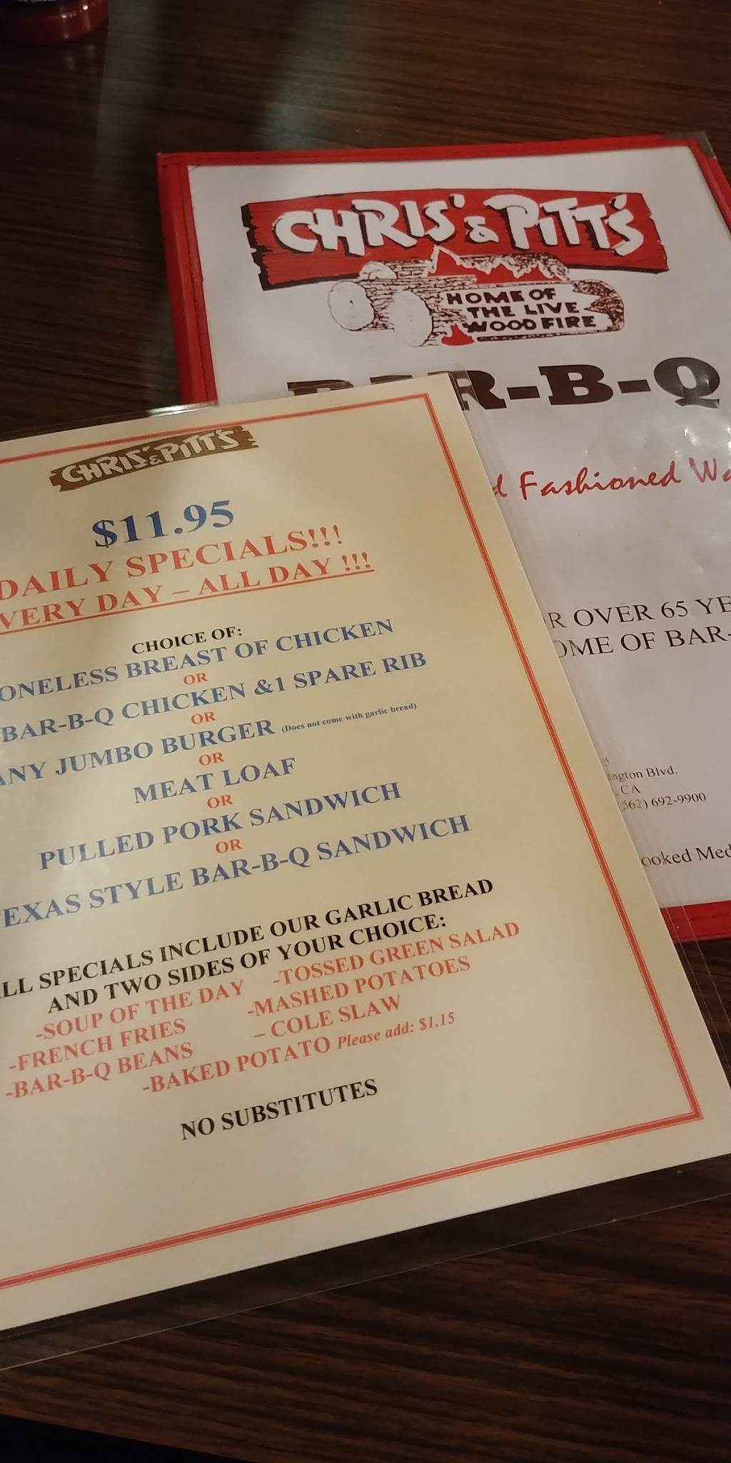 Menu at Chris & Pitts BBQ Restaurant, Downey