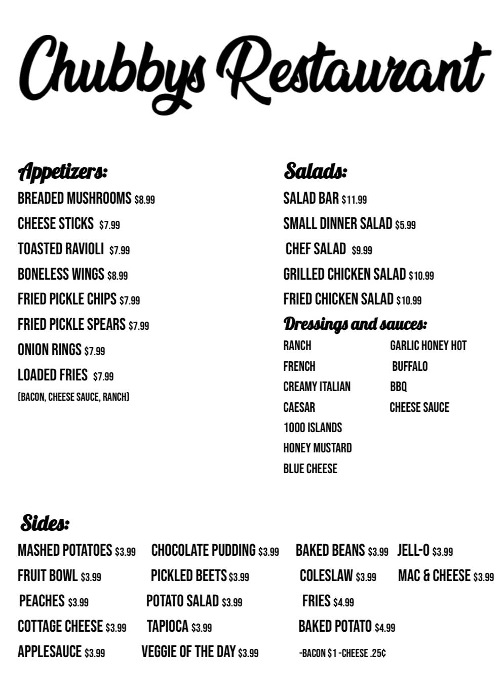 Menu at Chubby's Restaurant, Moscow Mills