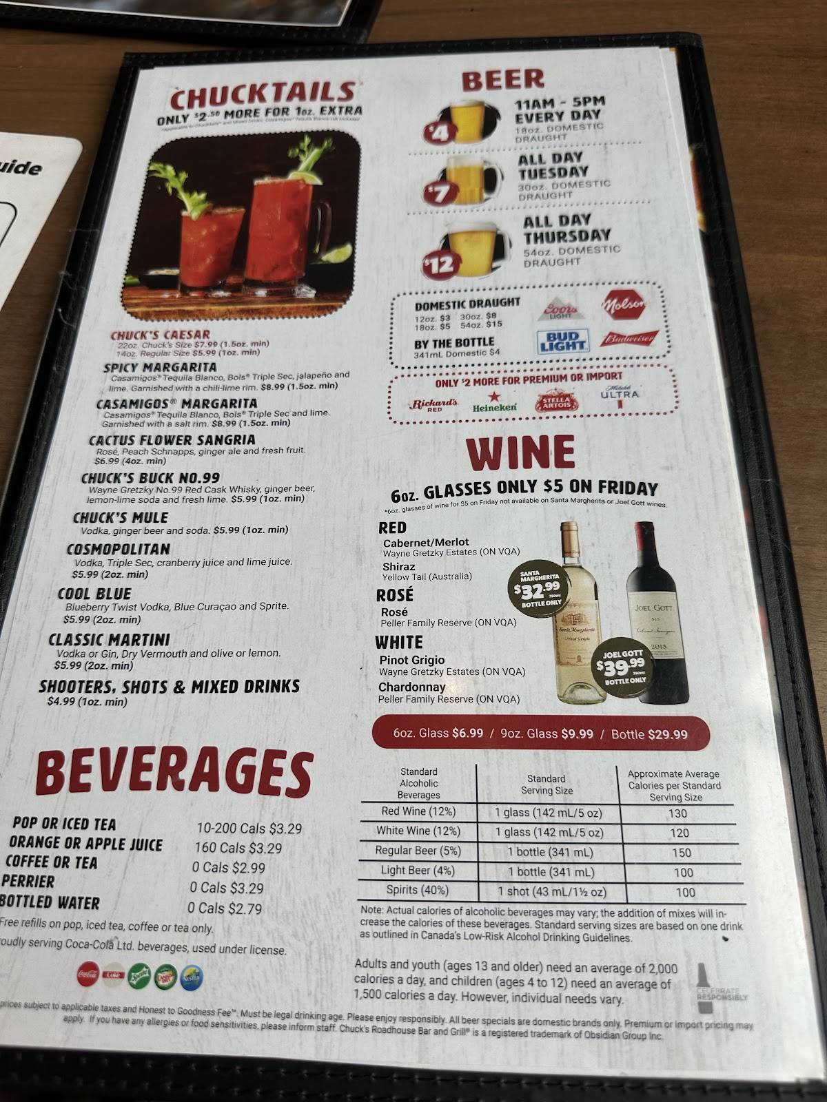 Menu at Chuck’s Roadhouse Bar and Grill, Owen Sound
