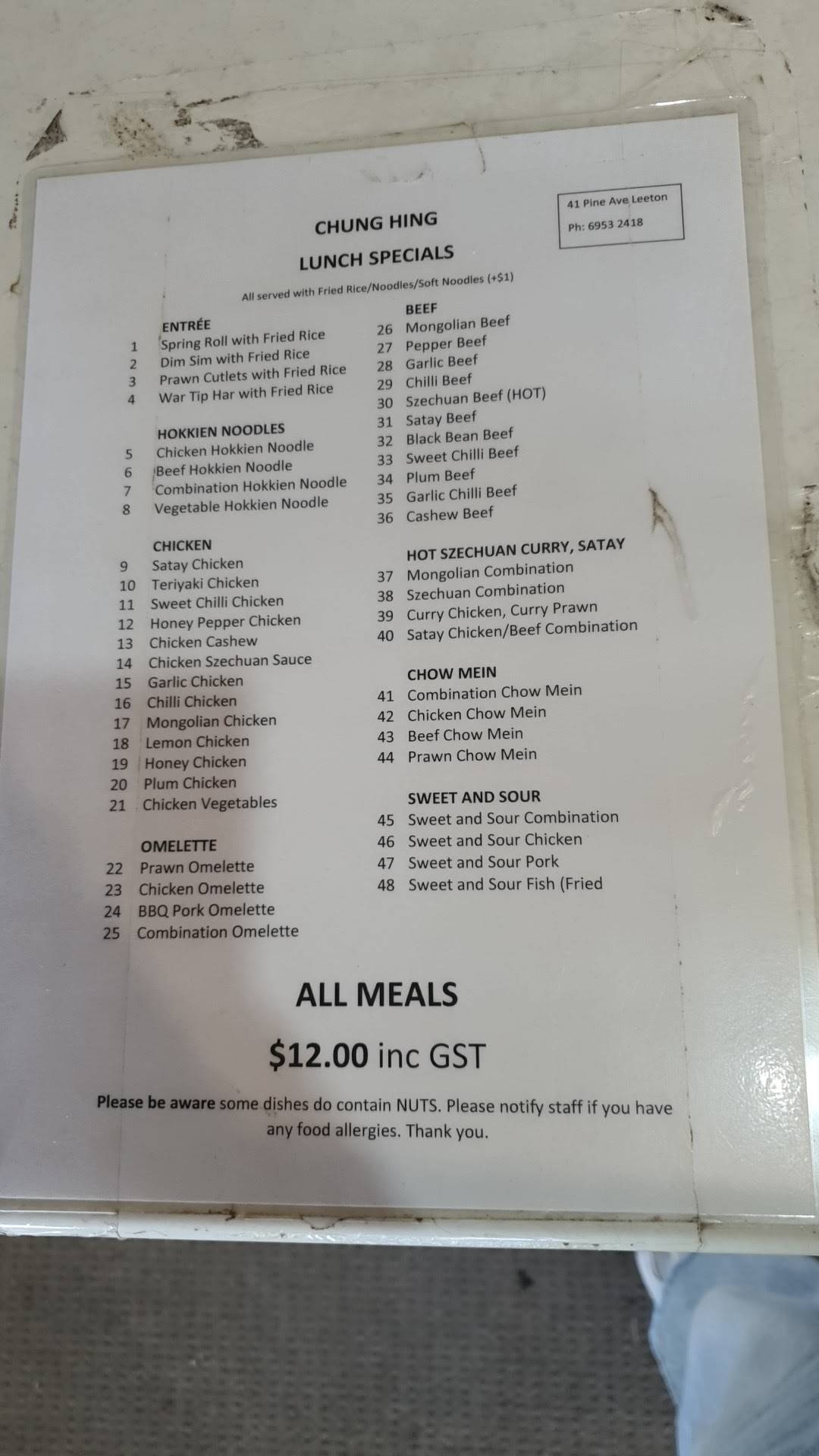 Menu at Chung Hing Restaurant, Leeton