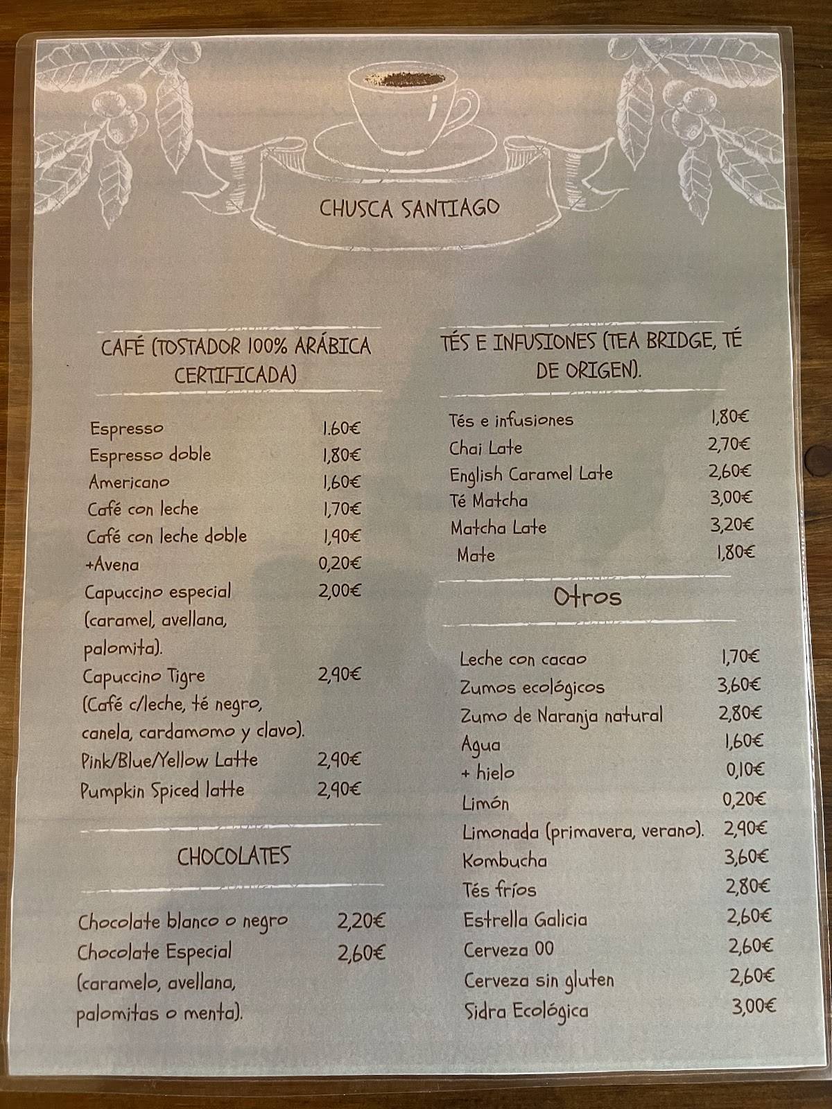 Carta de Chusca Dulcería y cafetería, Santiago de Compostela