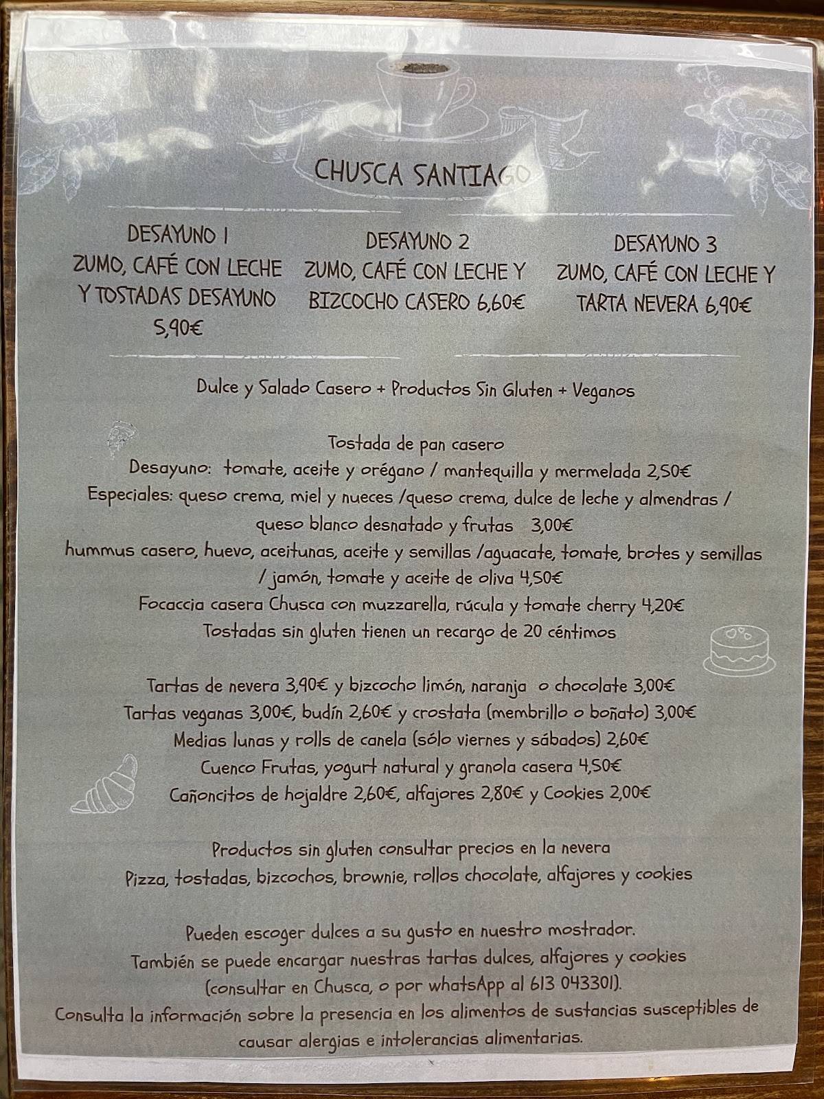 Carta de Chusca Dulcería y cafetería, Santiago de Compostela