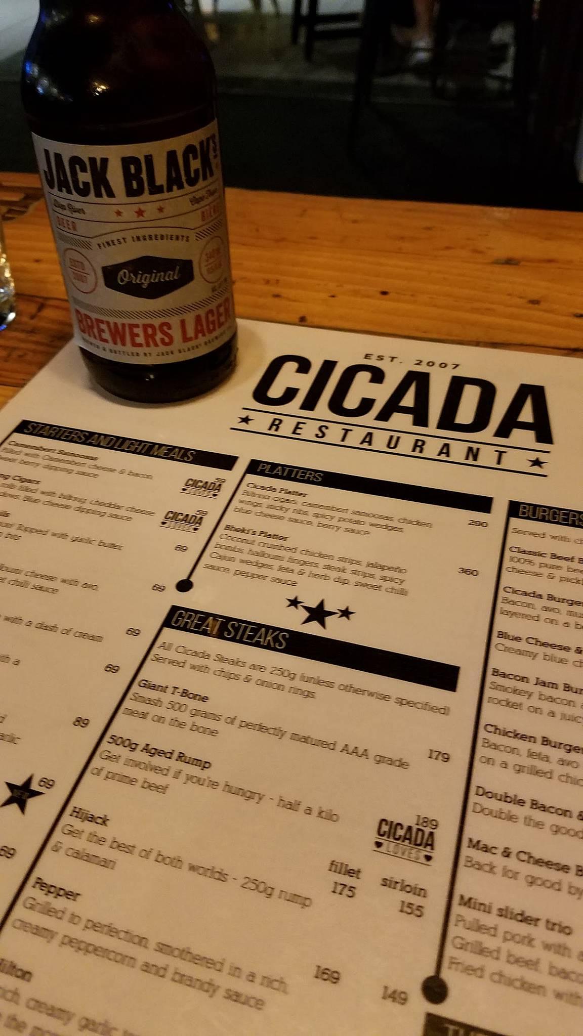 Menu at Cicada restaurant, Nelspruit