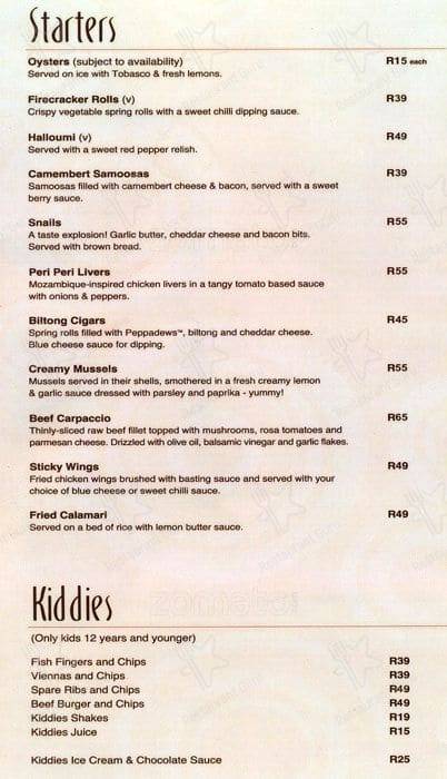Menu at Cicada restaurant, Nelspruit