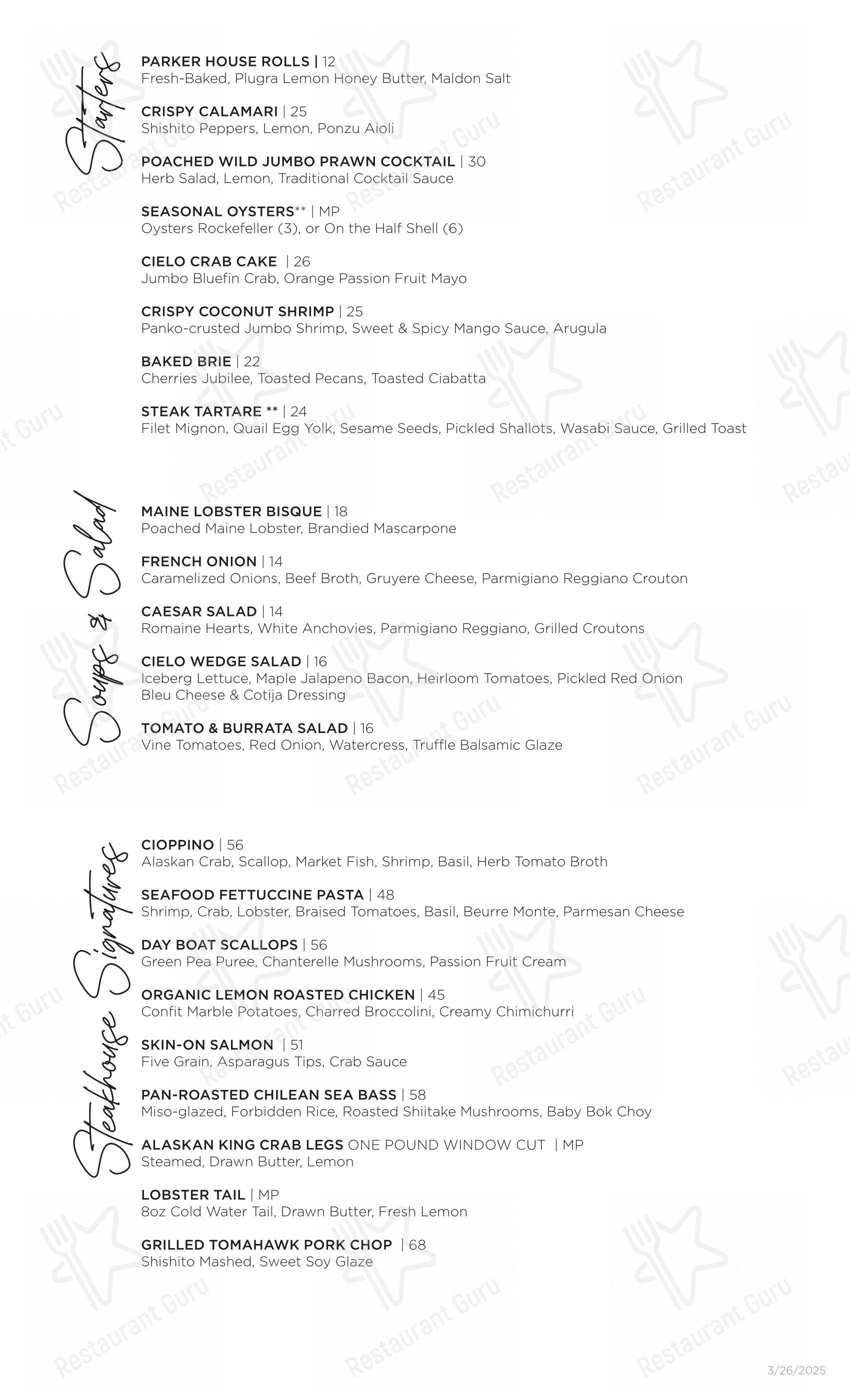 Menu at Cielo: The Steakhouse at Morongo, Cabazon, Seminole Drive