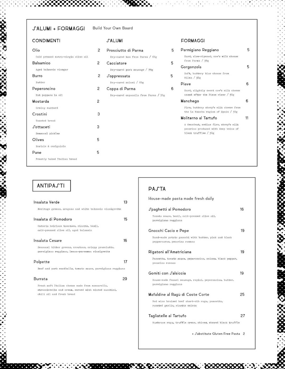 Menu at Cima Enoteca restaurant, Burlington