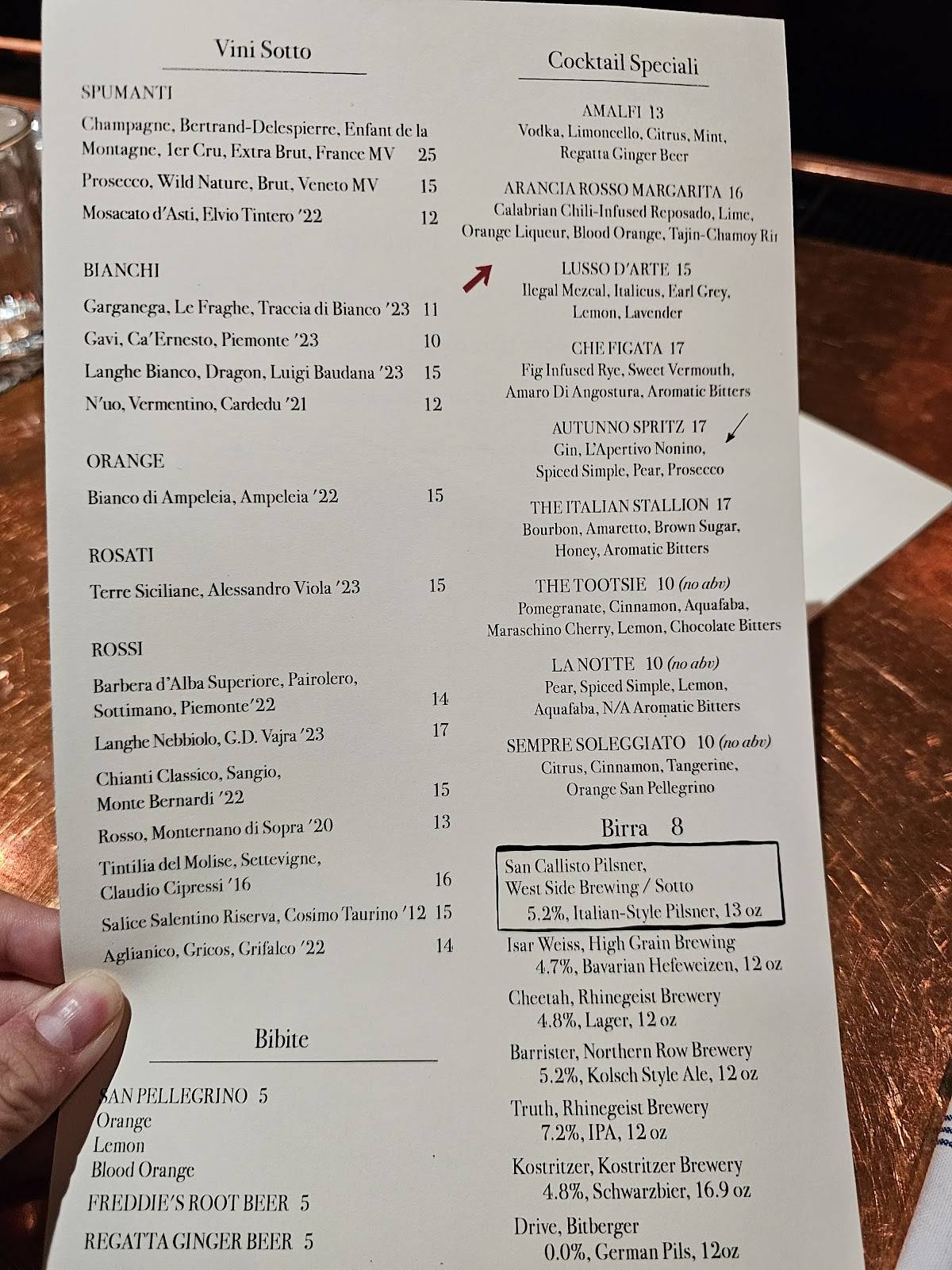 Menu at Sotto restaurant, Cincinnati