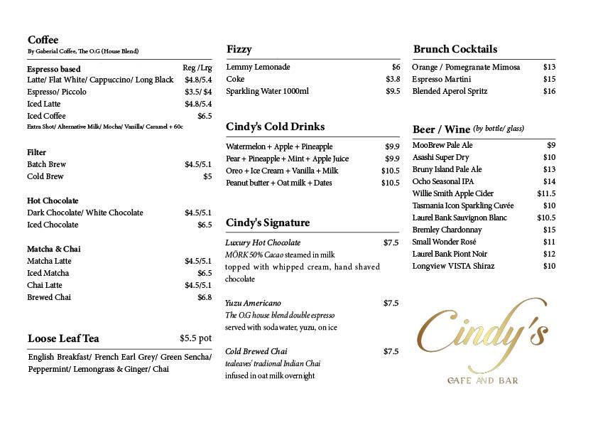 Menu at Cindy's cafe and bar, Moonah