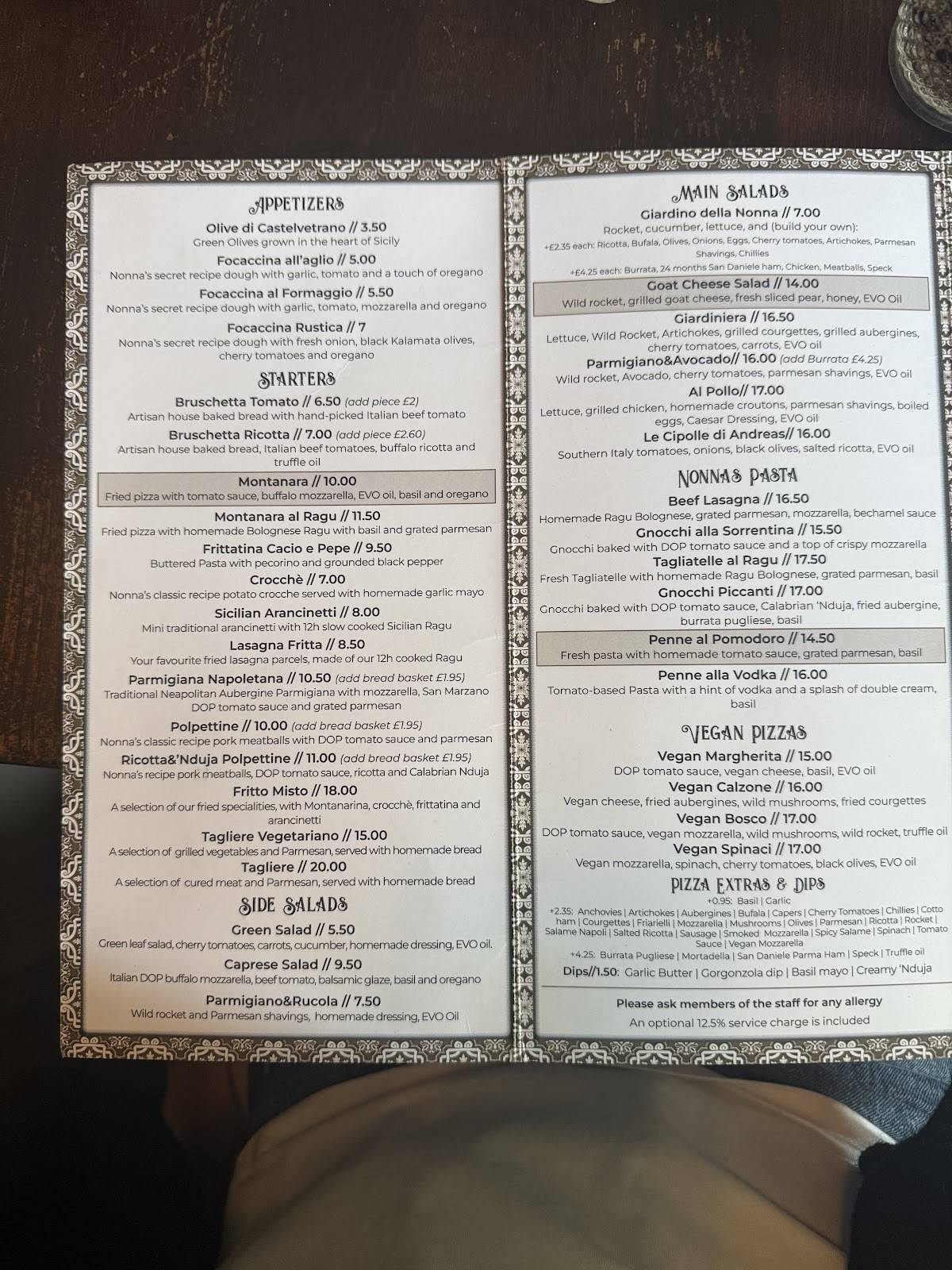 Menu at Cinquecento pizzeria, London, 1 Cale St