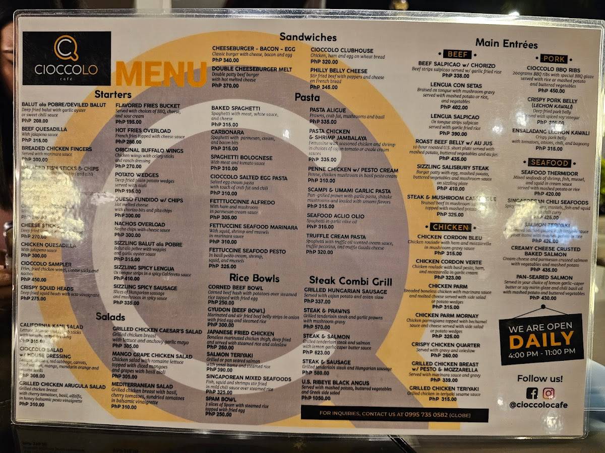 Menu at Cioccolo Cafè desserts, Angeles, Royal Garden Estate Fil-Am ...