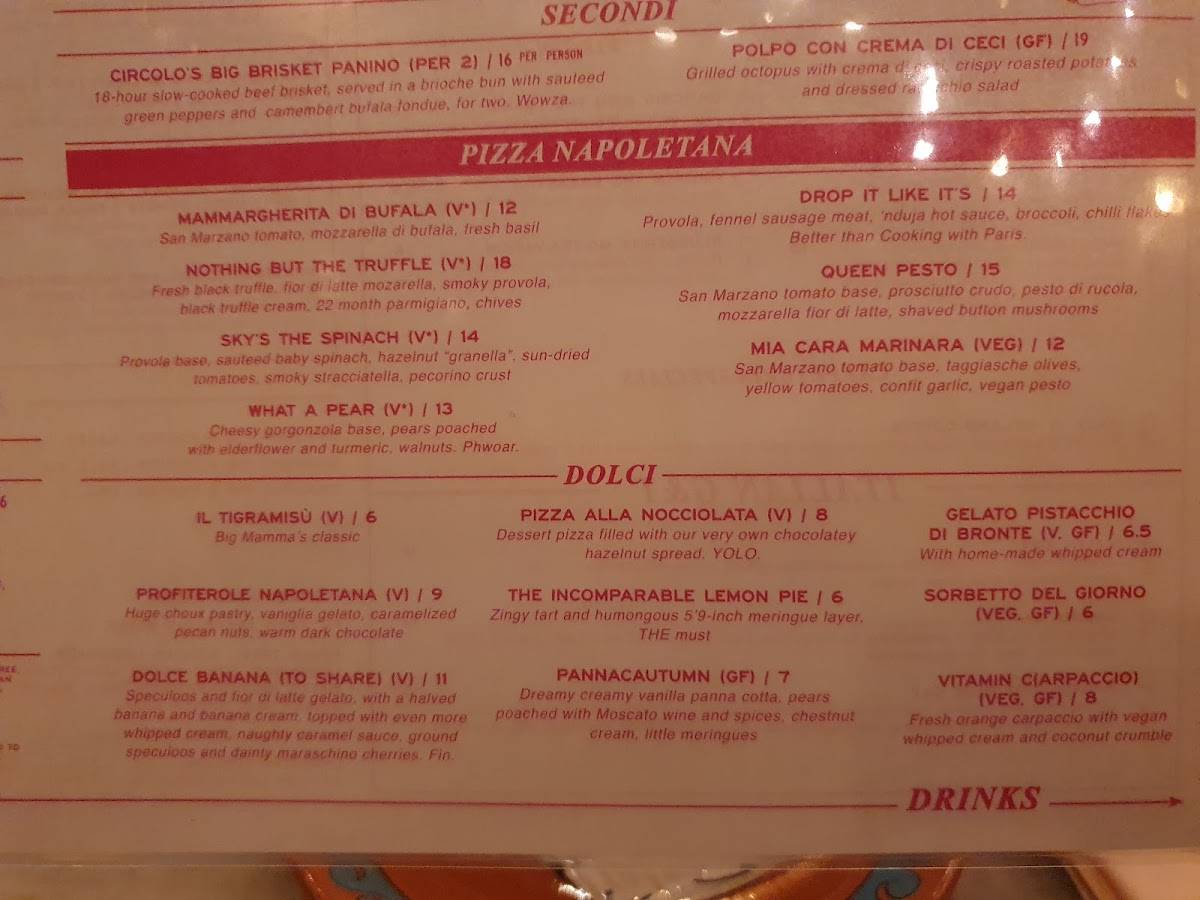 Menu at Circolo Popolare restaurant, London