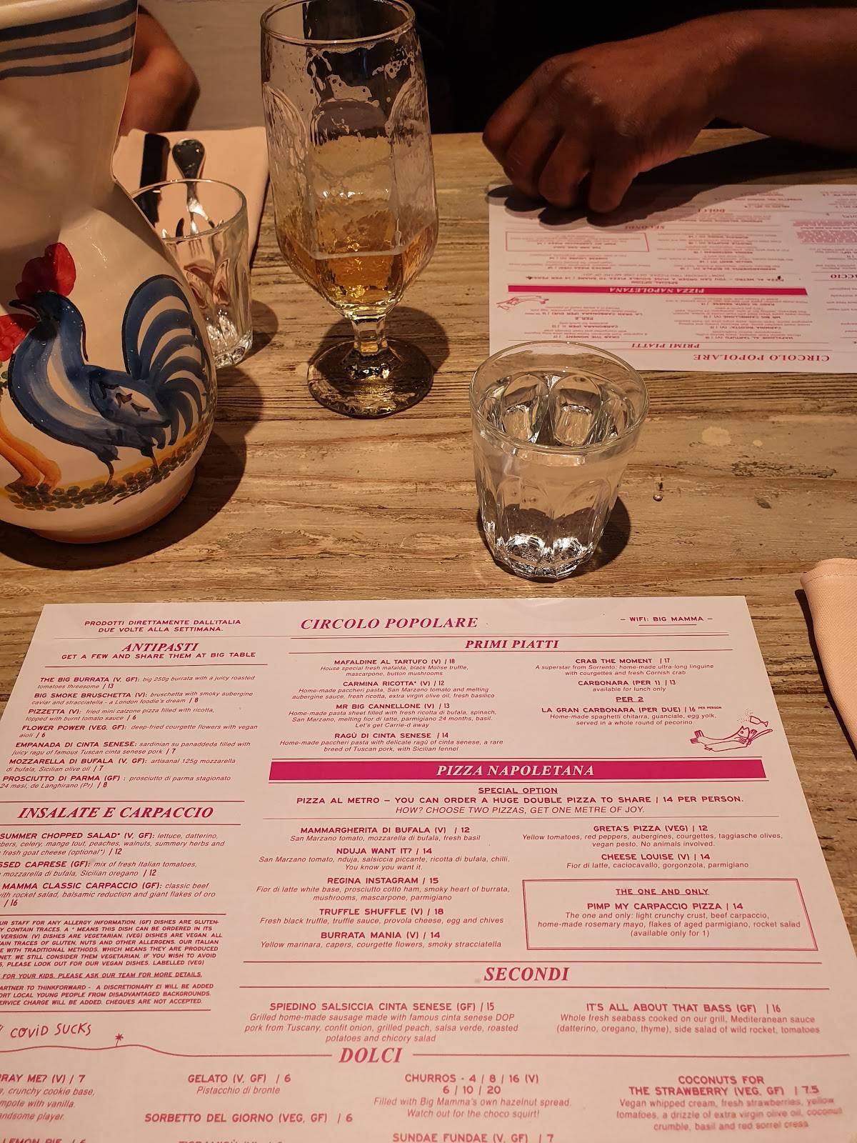 Menu at Circolo Popolare restaurant, London