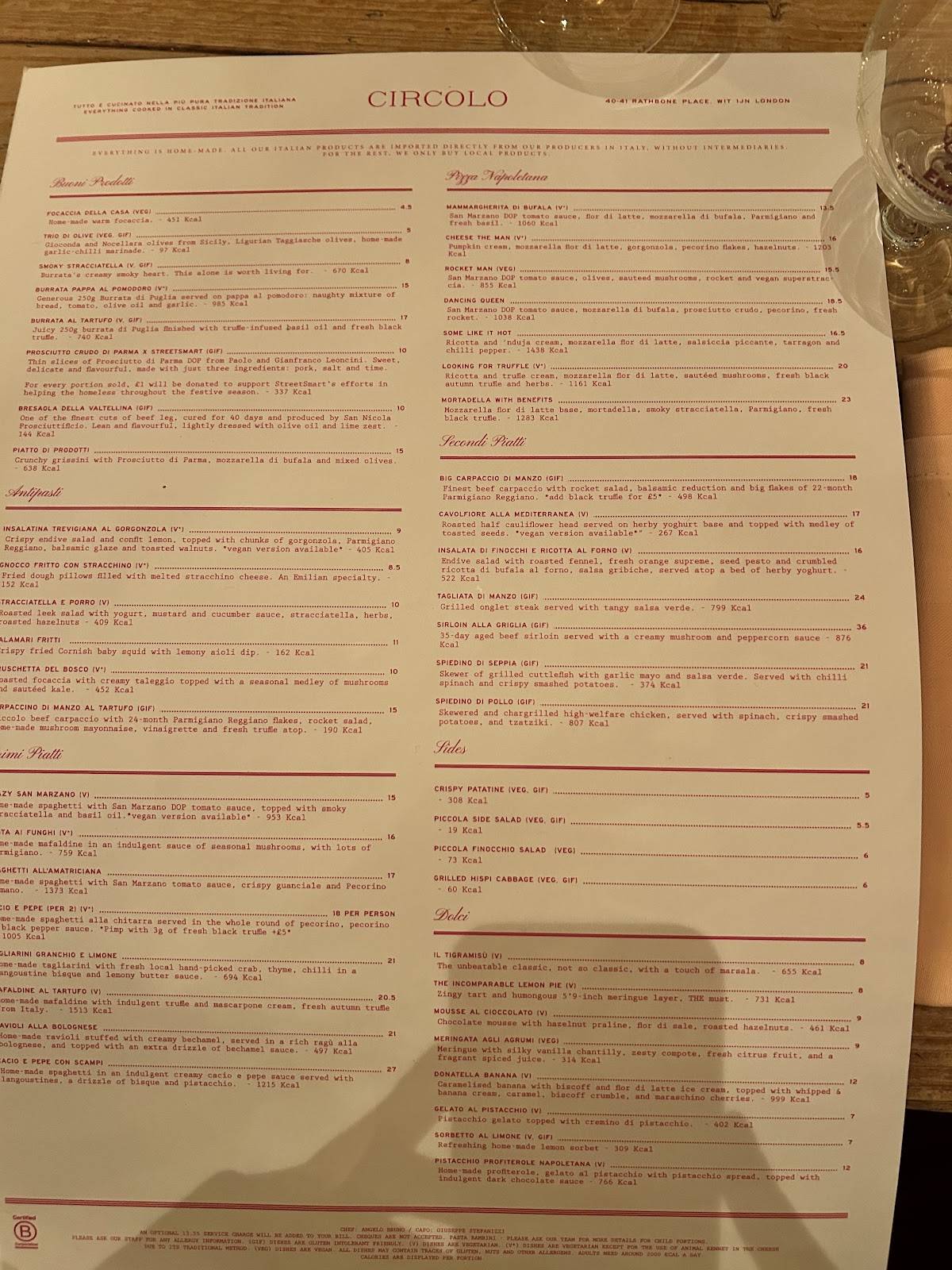 Menu at Circolo Popolare restaurant, London