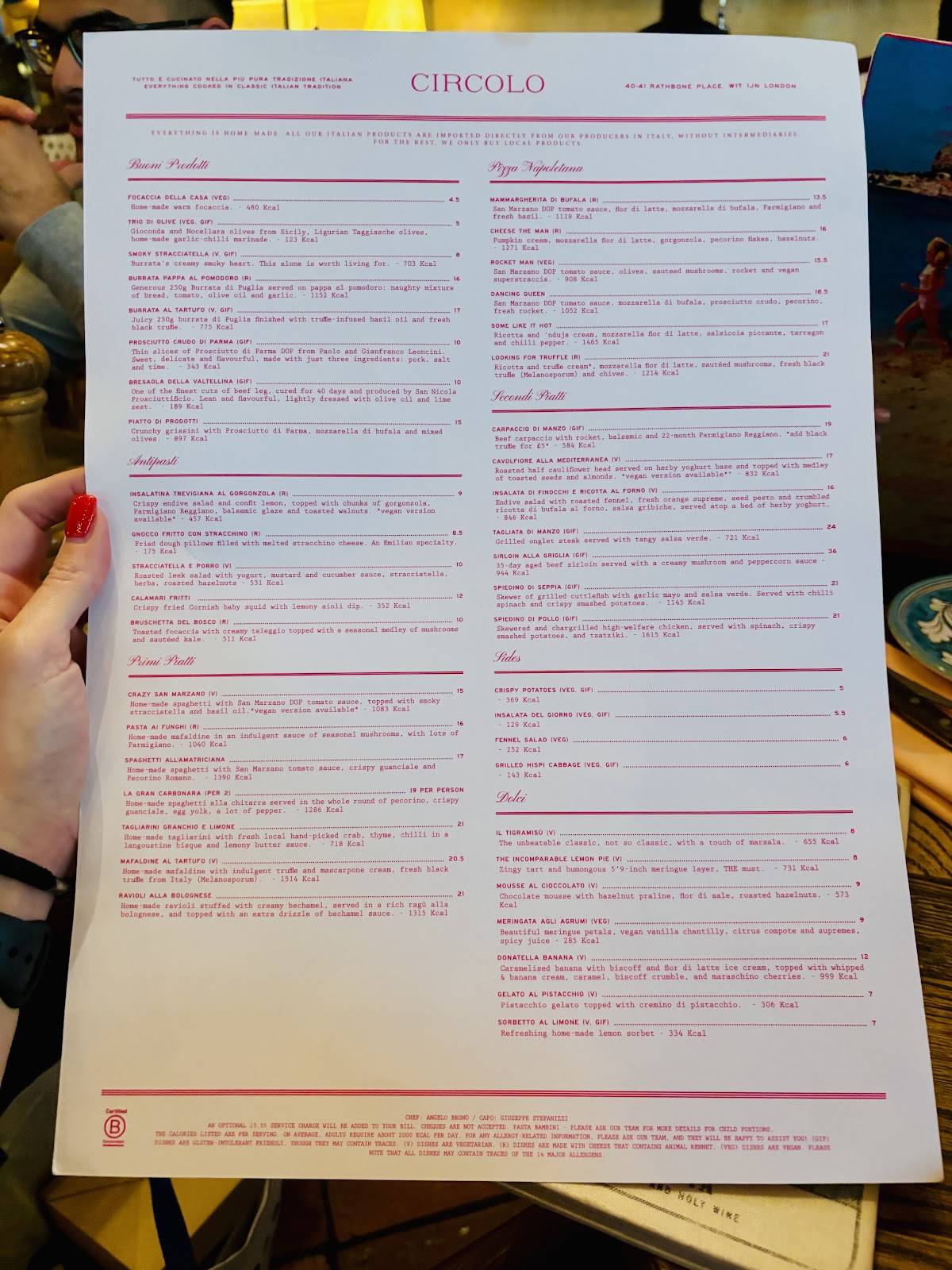 Menu at Circolo Popolare restaurant, London