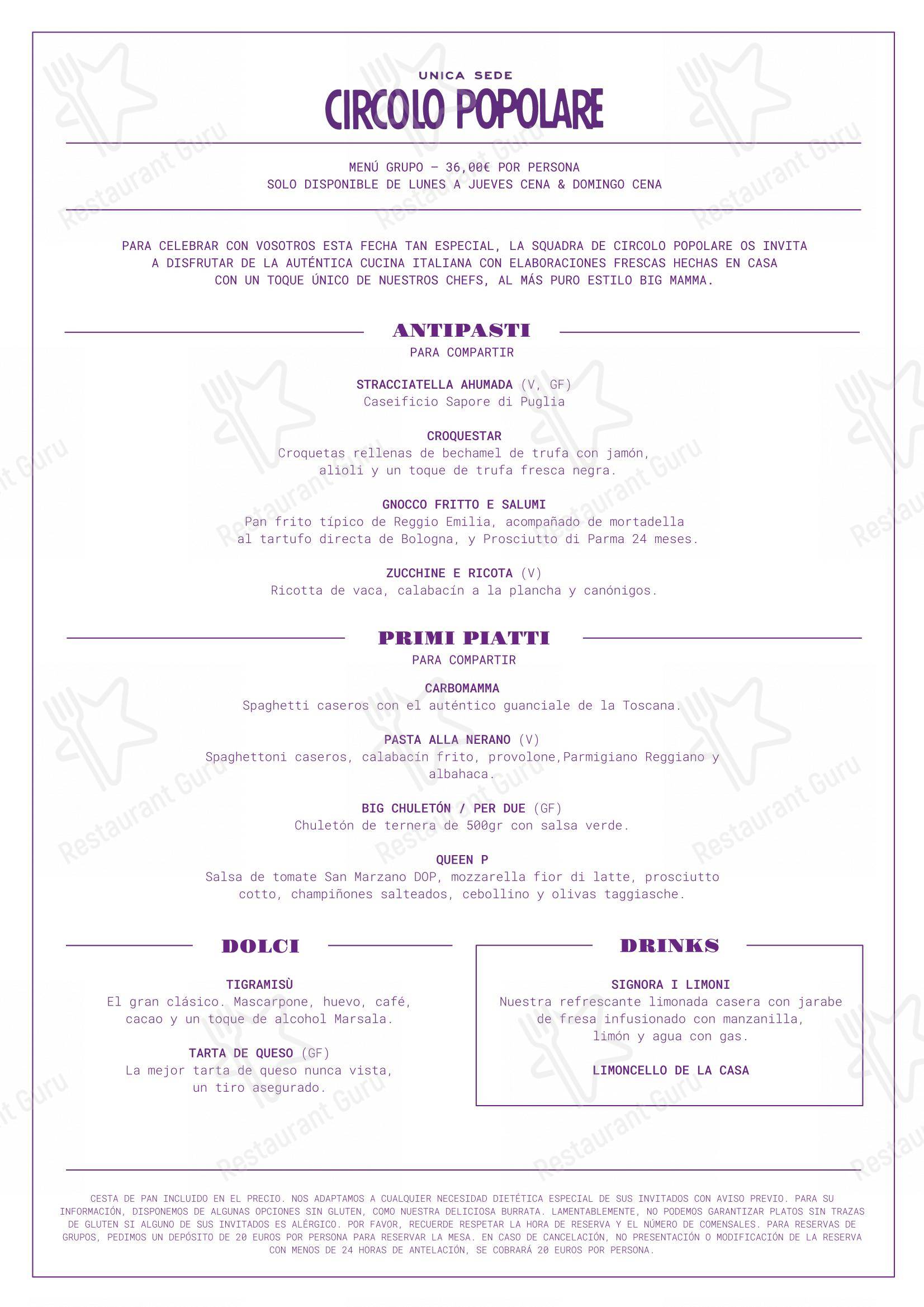 Carta del restaurante Circolo Popolare Madrid, Madrid