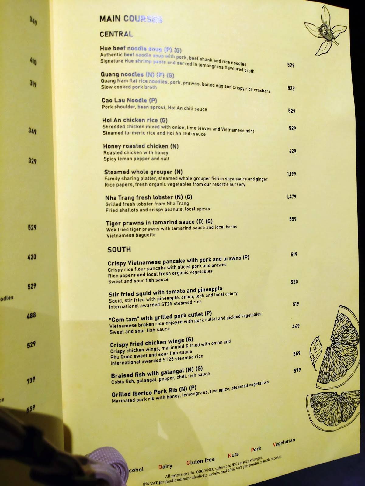 Menu at Citron restaurant, Vietnam