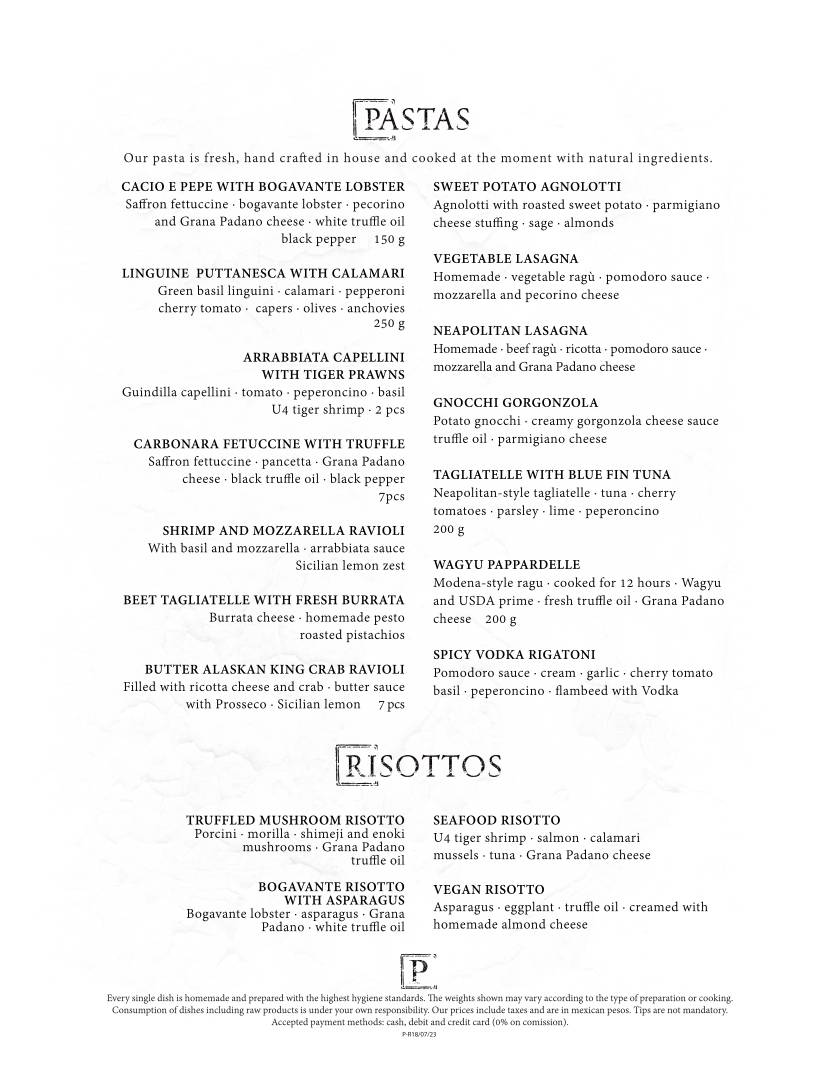 Carta de Parole Polanco | Restaurante Italiano, Ciudad López Mateos