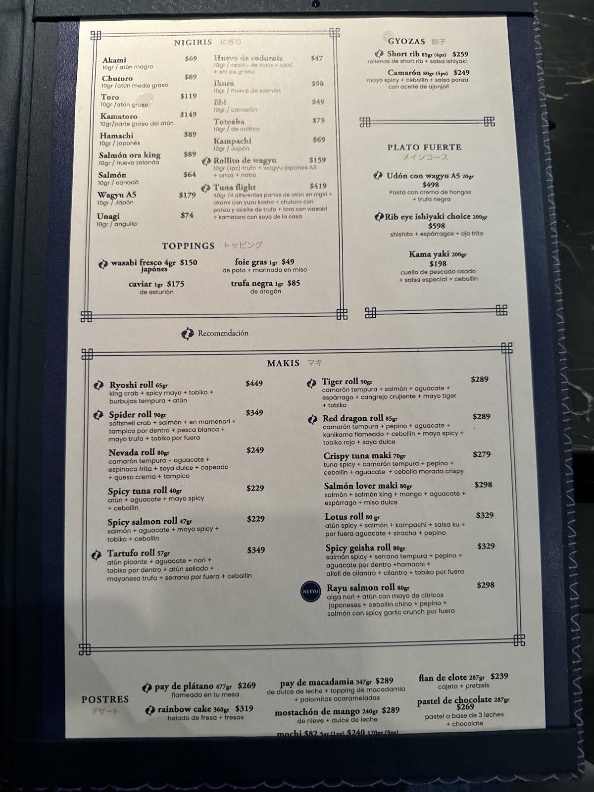 Carta del restaurante Ryoshi, Ciudad López Mateos