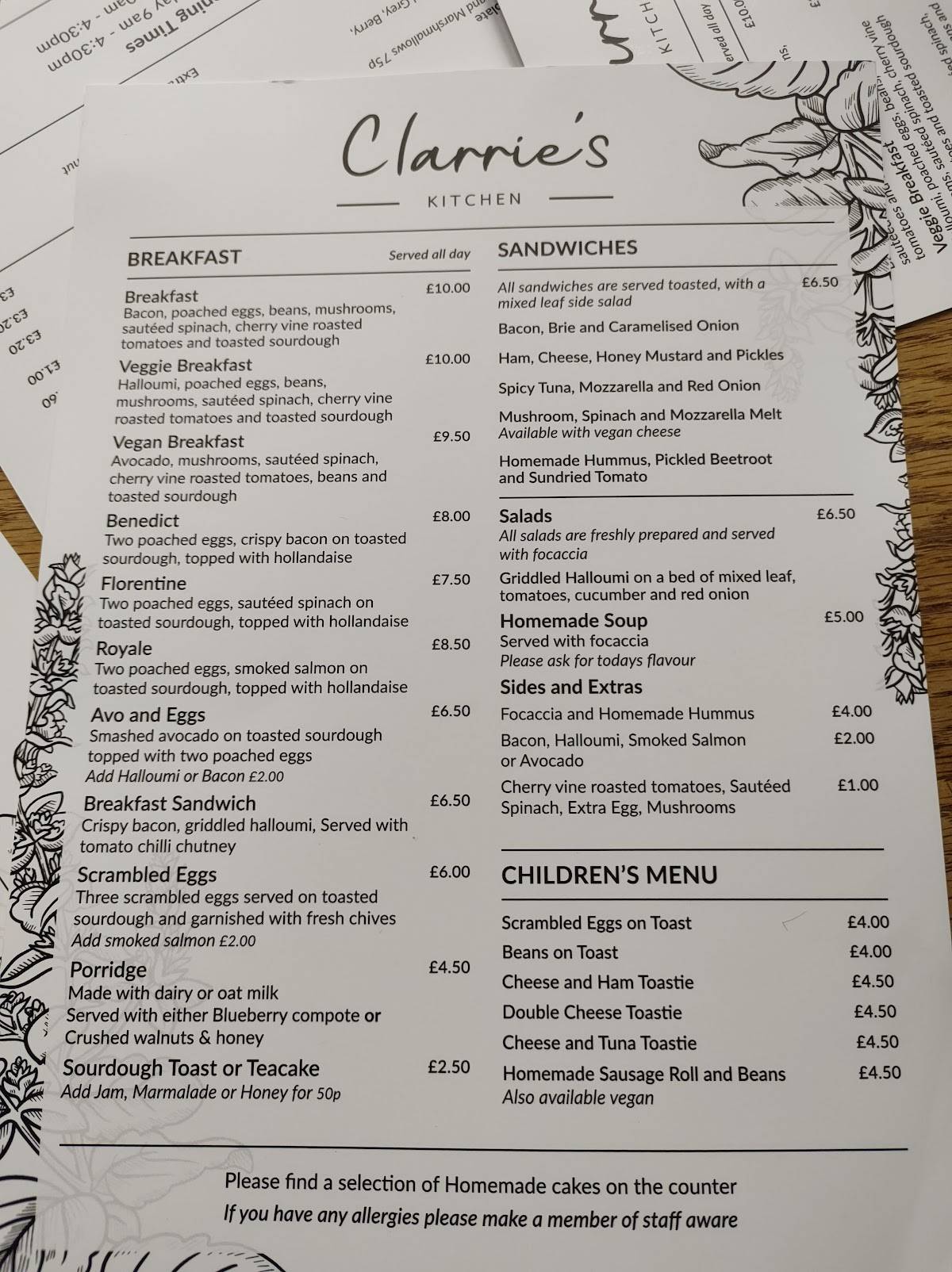 Menu at Clarrie's Kitchen cafe, Sheffield