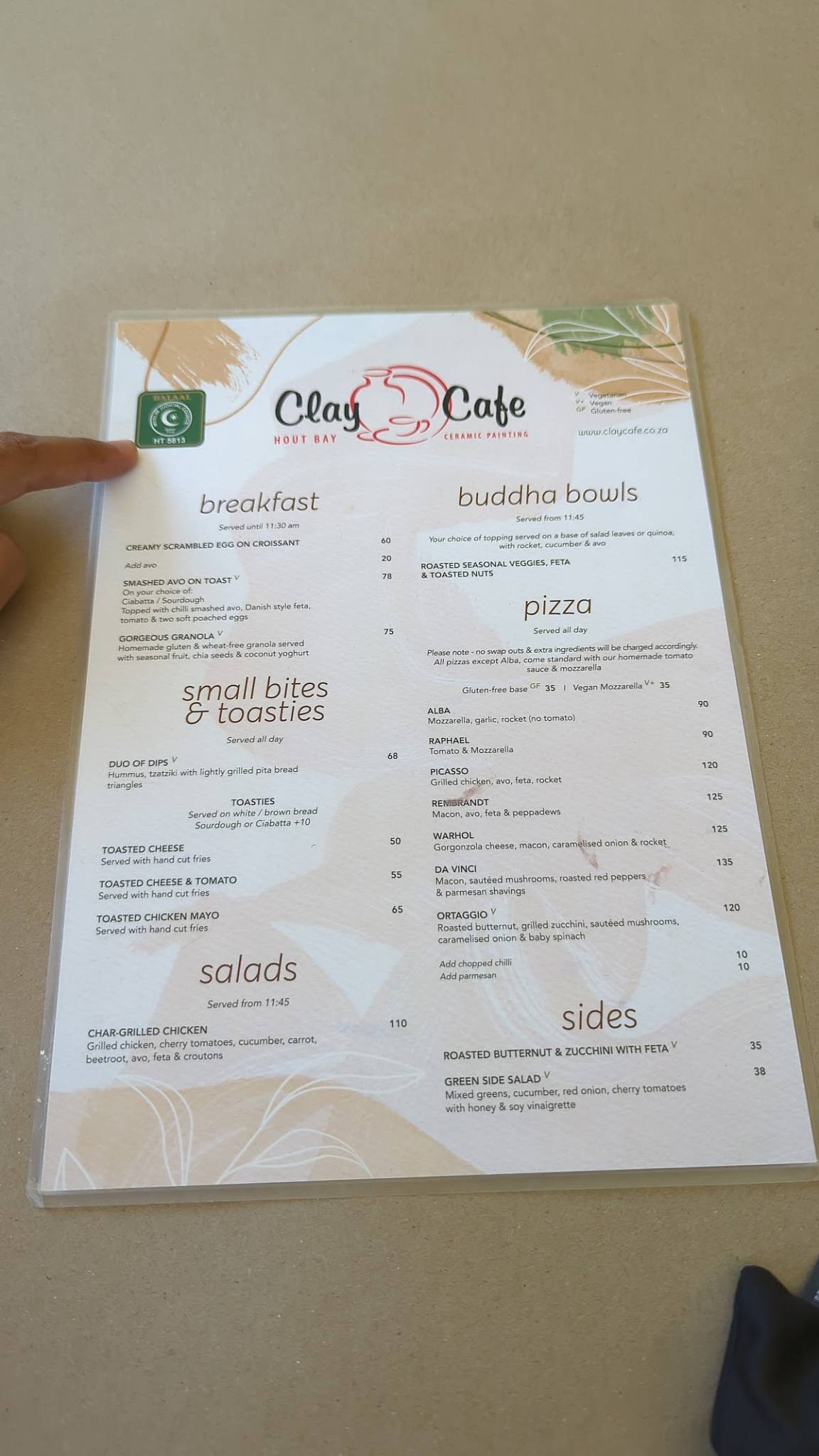 Menu at Clay Café Hout Bay restaurant, Cape Town