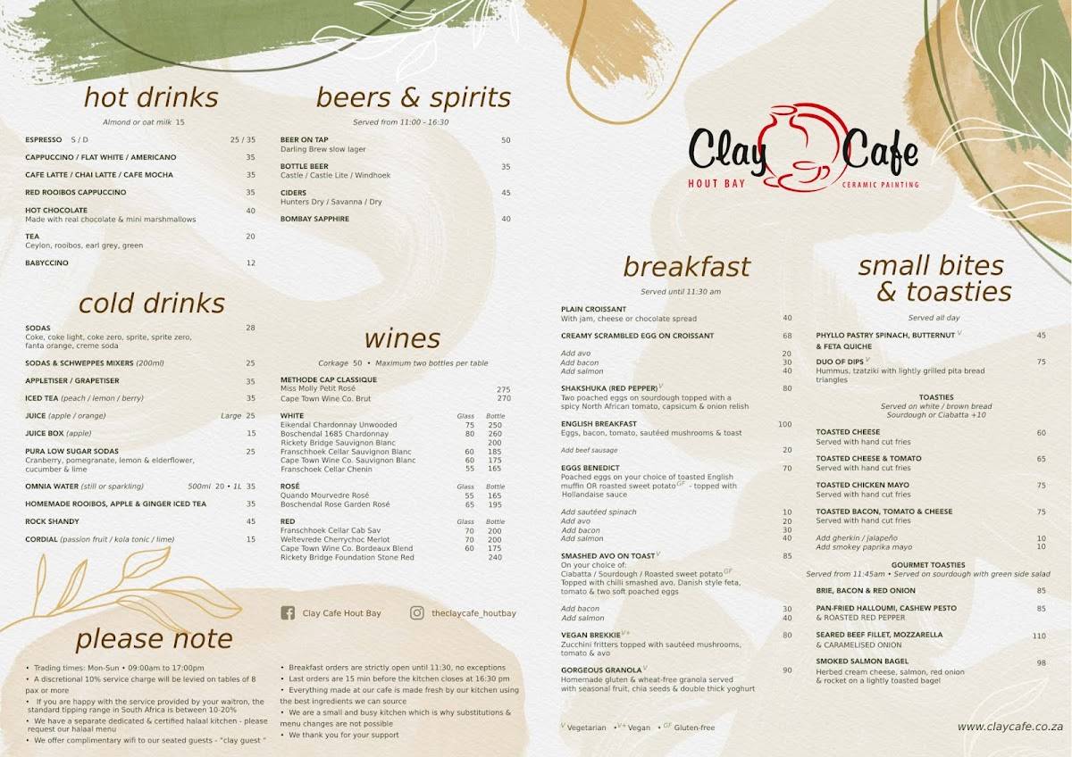 Menu at Clay Café Hout Bay restaurant, Cape Town