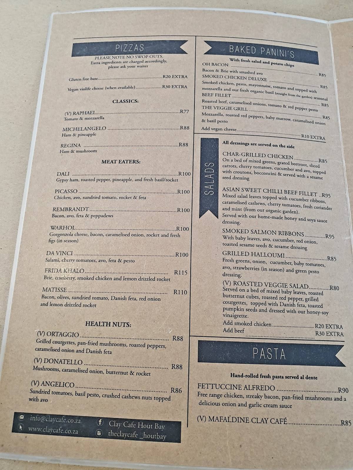 Menu at Clay Café Hout Bay restaurant, Cape Town