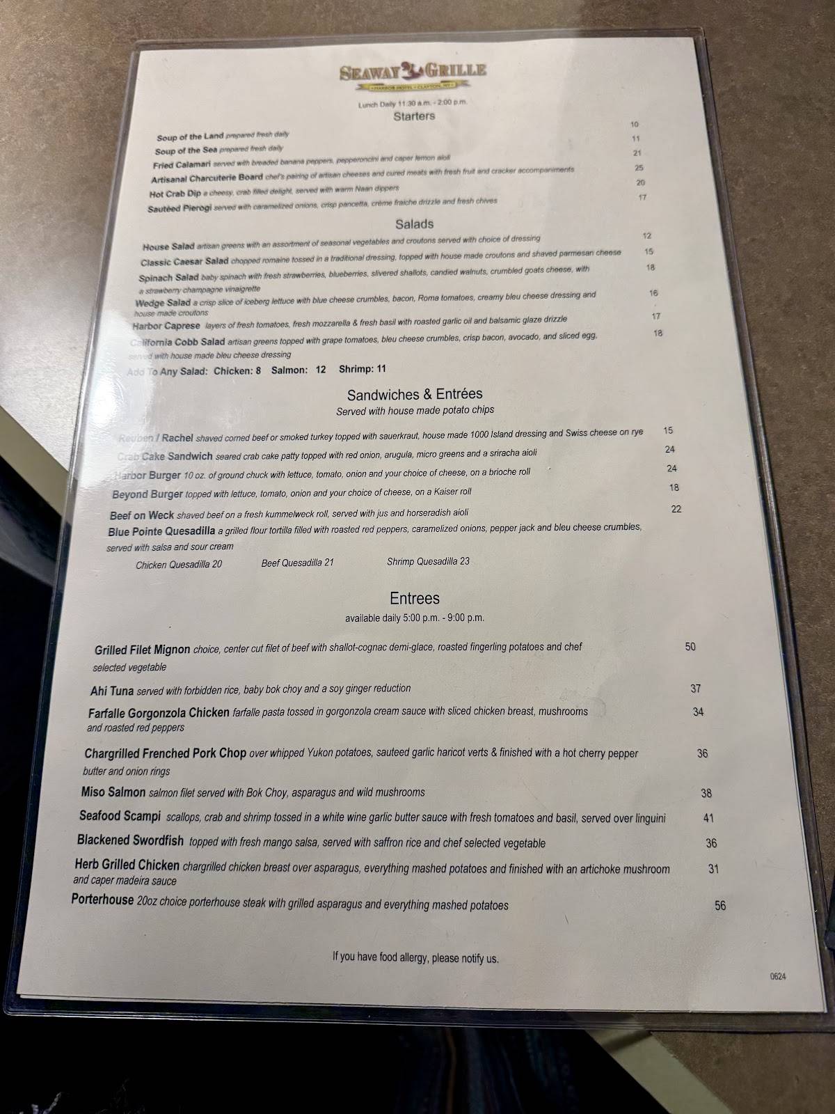 Menu at Seaway Grille restaurant, Clayton