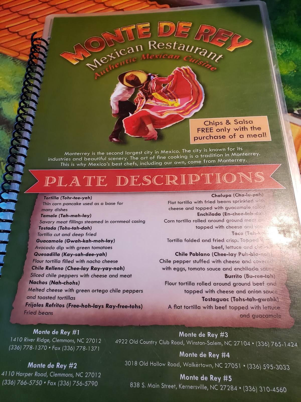 Menu at Monte De Rey Mexican Restaurant, Clemmons, Harper Rd