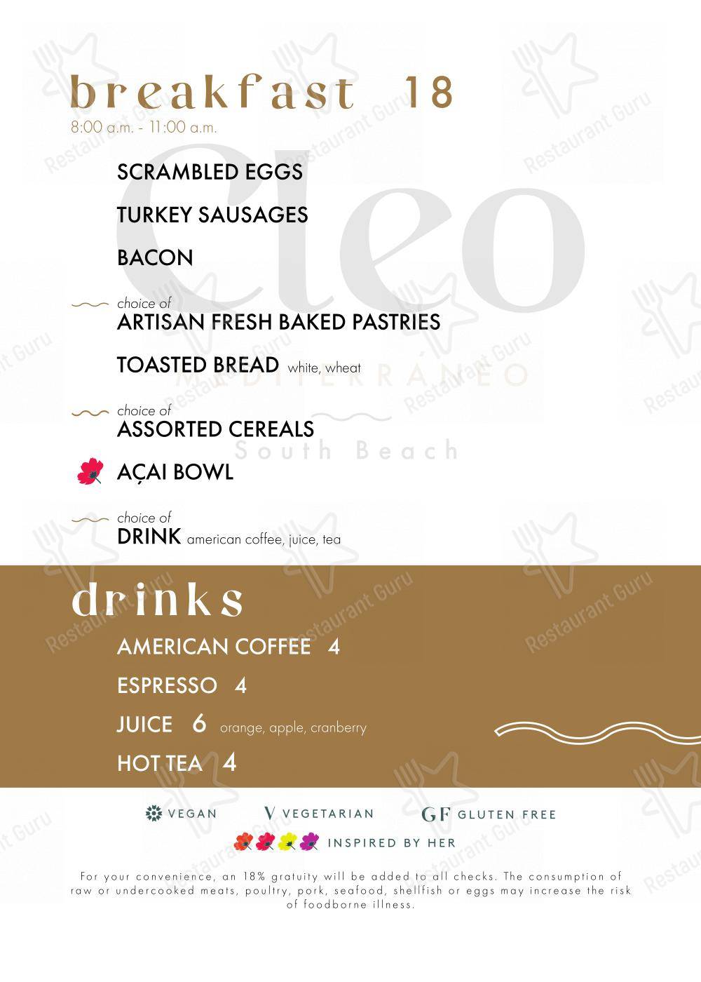 Menu at Cleo South Beach restaurant, Miami Beach