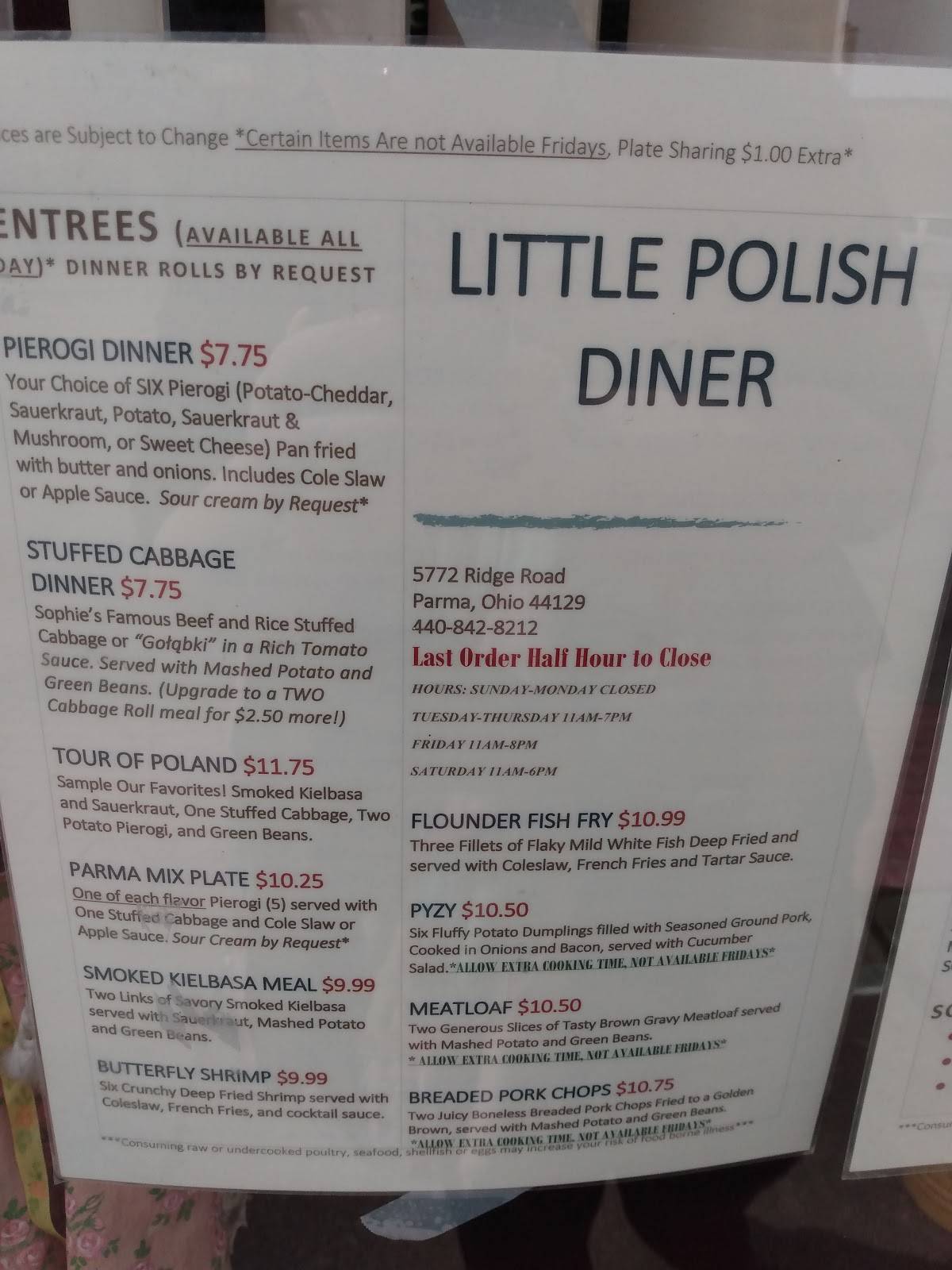Menu at Little Polish Diner restaurant, Parma