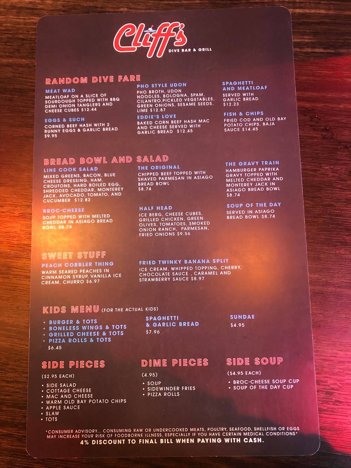Menu at Cliff's Dive Bar & Grill, Cedar Rapids