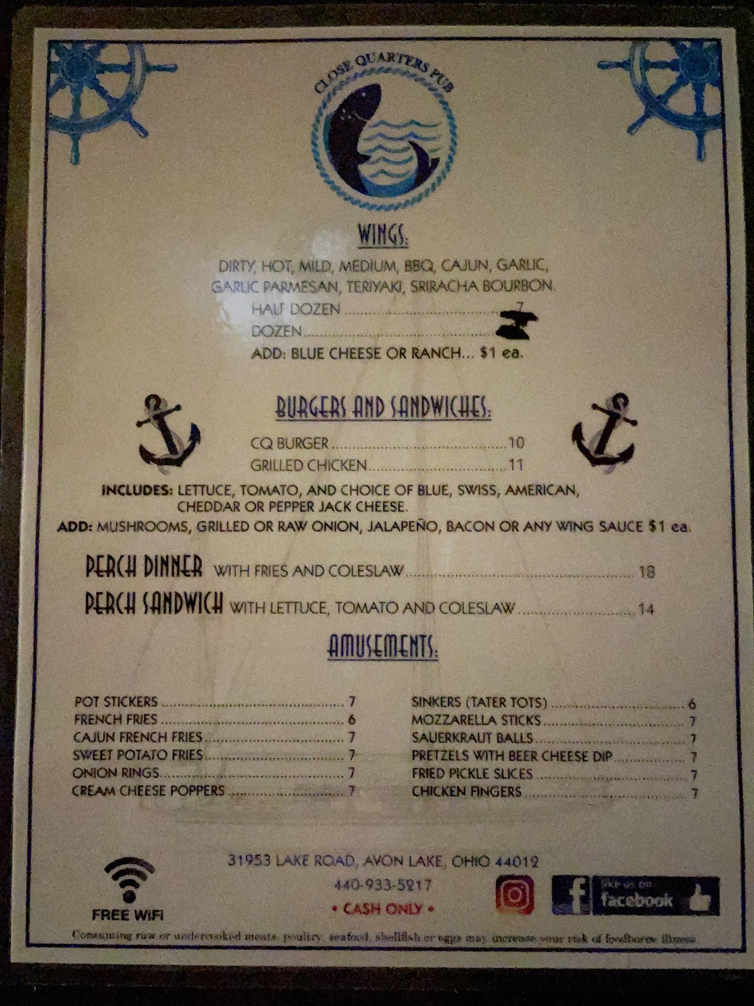 Menu at Close Quarters Pub, Avon Lake