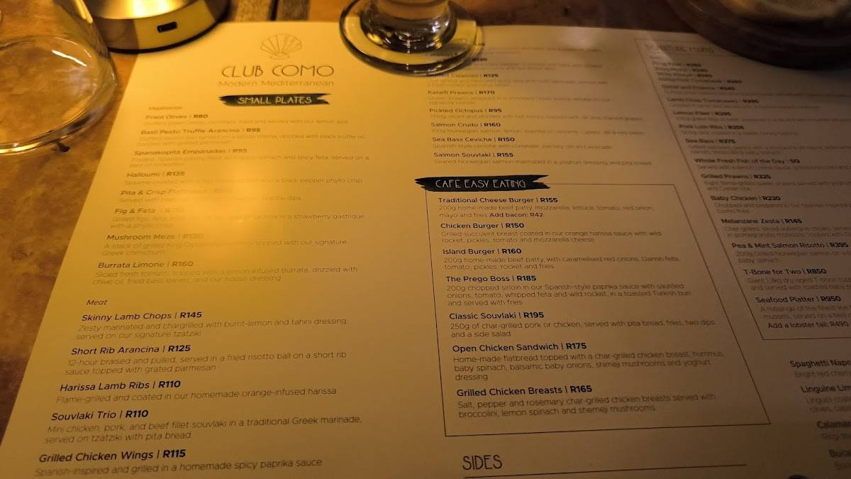 Menu at Club Como Modern Mediterranean Restaurant, Sandton
