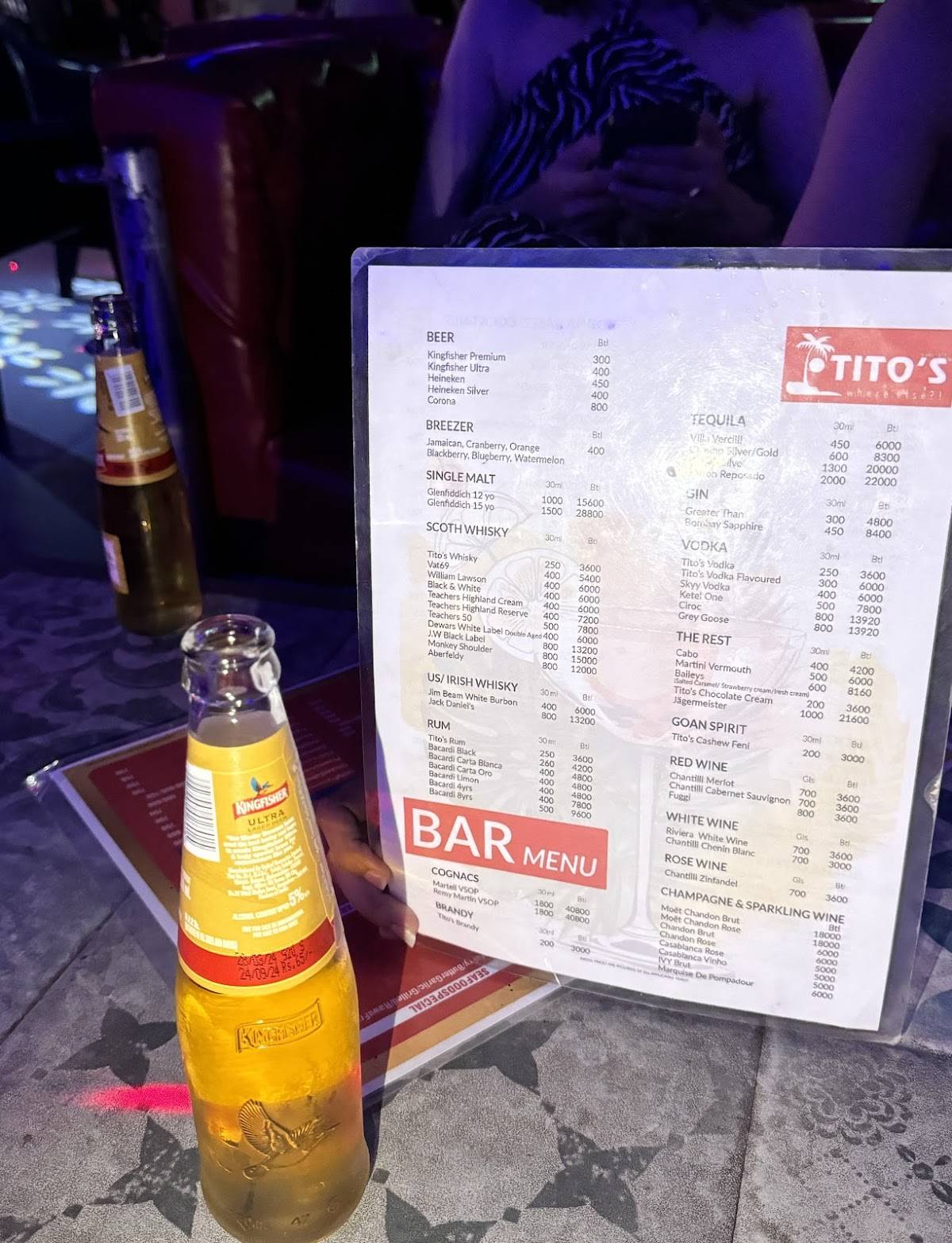 Menu at Club Titos, Baga