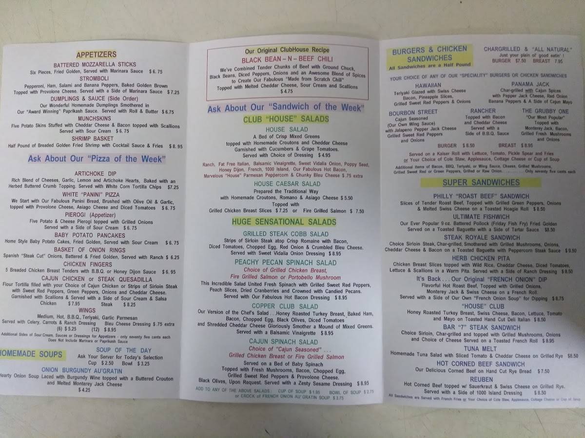 Menu at Clubhouse, Parma Heights