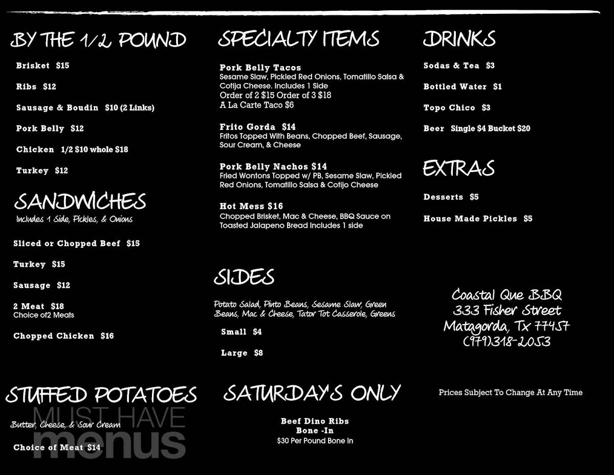 Menu at Coastal Que BBQ & More, Matagorda