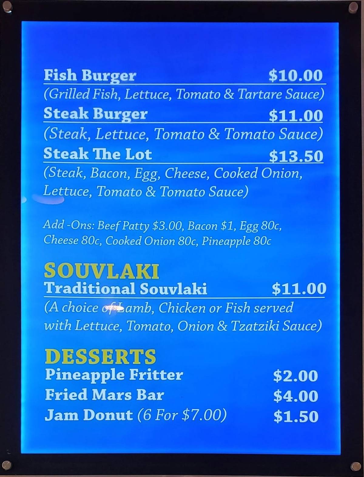 Menu at Cobblebank Fish and Chips restaurant, Australia