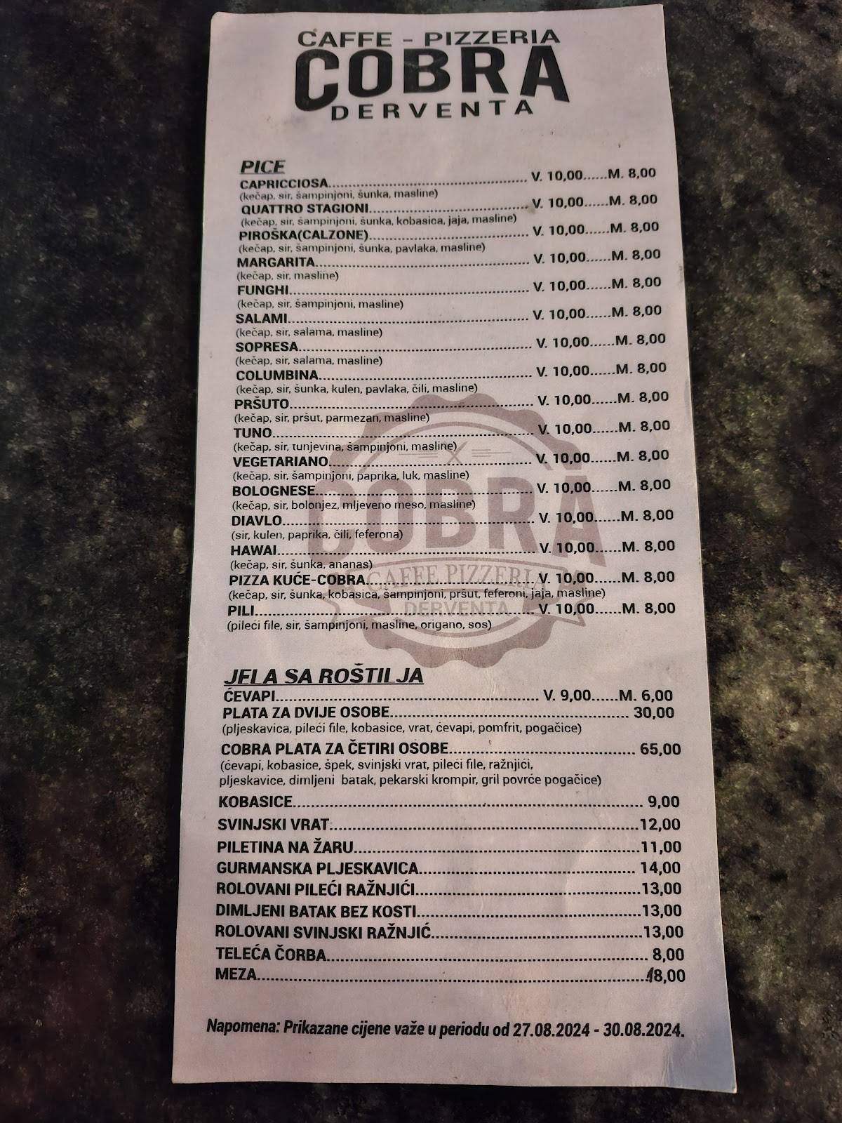 Menu at Cobra cafe, Derventa