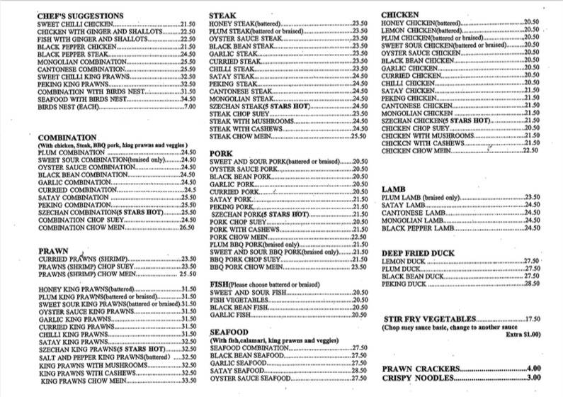 Menu at Chefoo Chinese Restaurant, Cobram