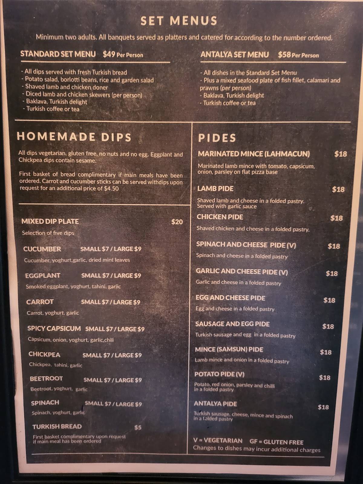 Menu at Antalya restaurant, Coburg