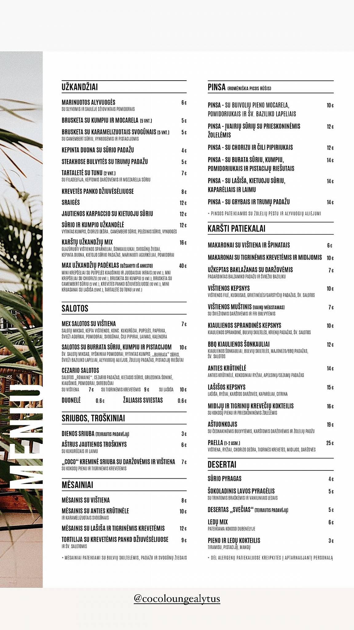 Menu at Coco Lounge Restobaras, Alytus