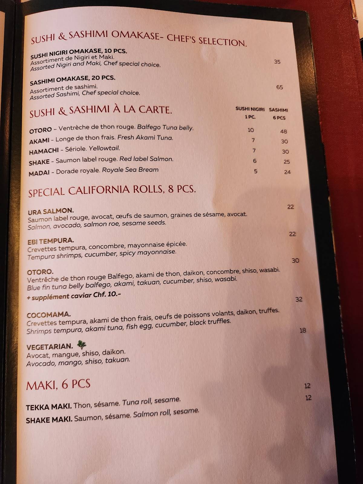 Menu au Coco Mama, Montreux