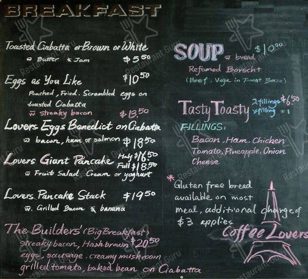 Menu at Coffee Lovers Cafe, Christchurch