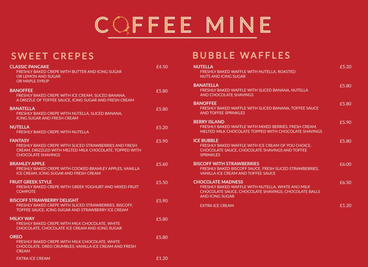 Menu at Coffee Mine, Bristol