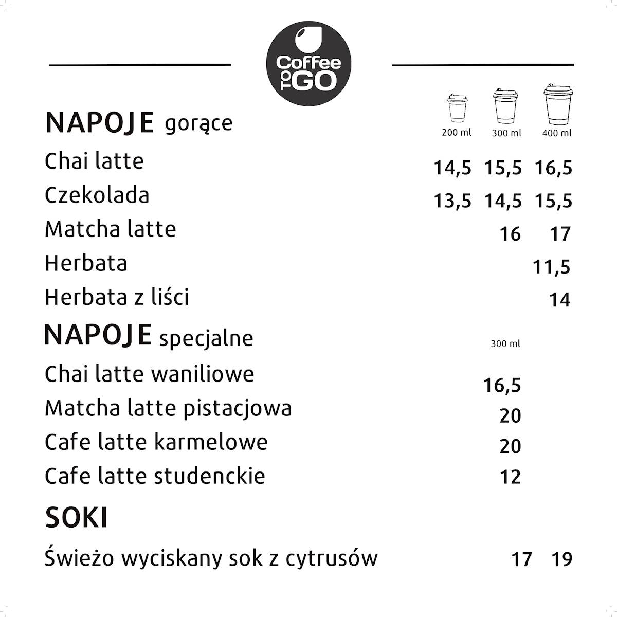 Menu at Coffee To Go cafe, Torun, Jurija Gagarina 152