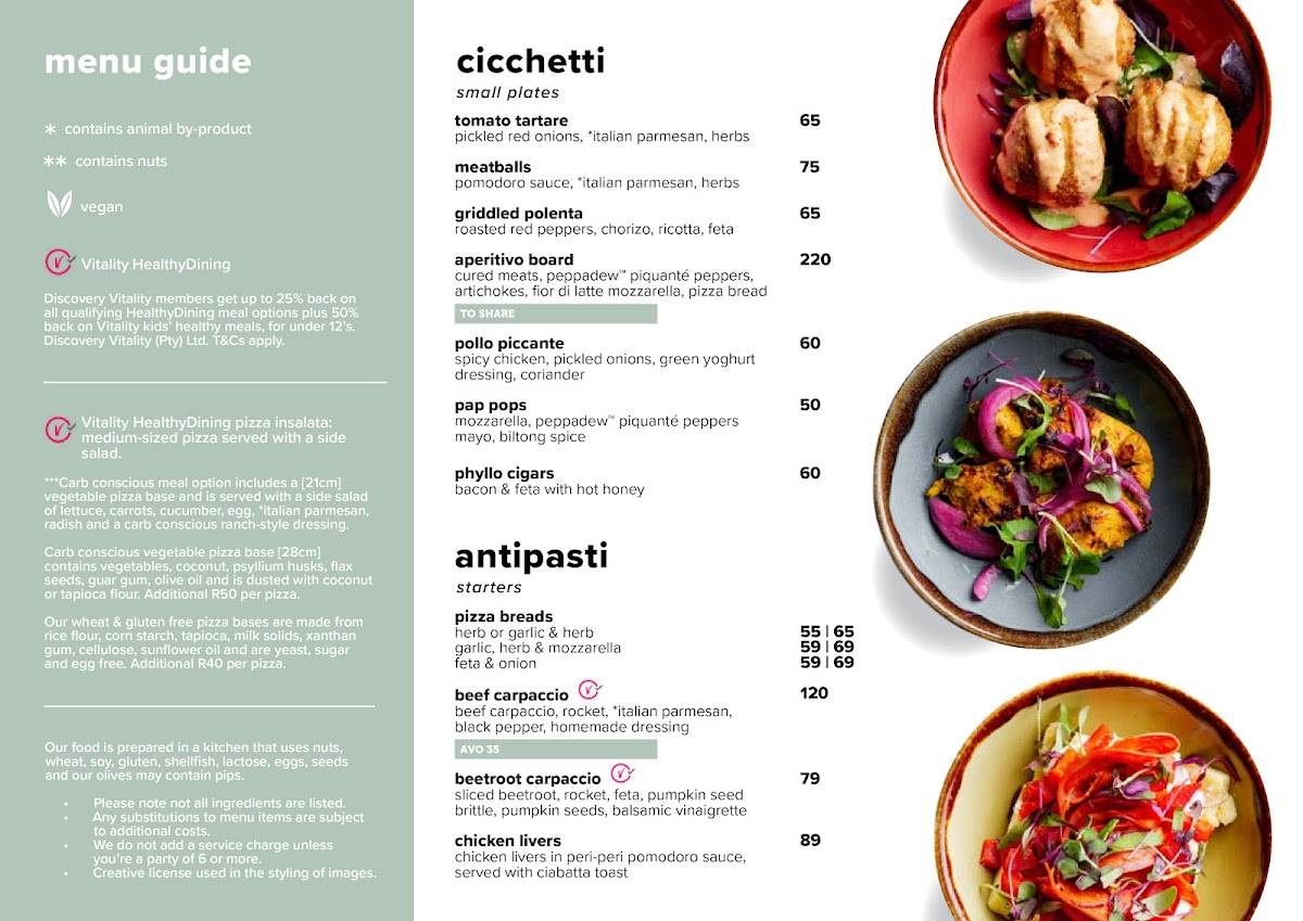 Menu at Col'Cacchio Meadowridge restaurant, Cape Town, Shop 11