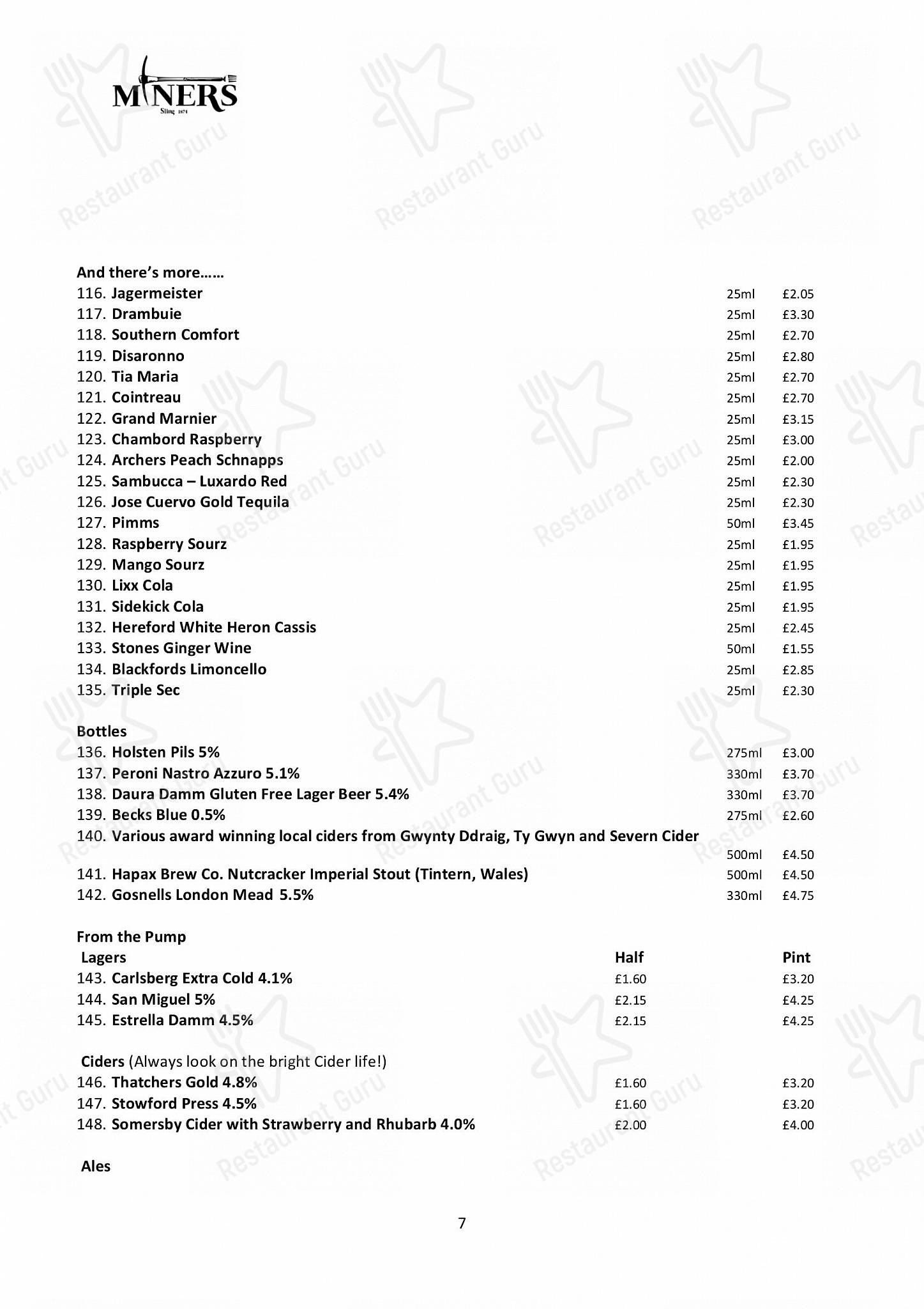 Menu at Miners country inn sling pub & bar, Coleford, Chepstow Road