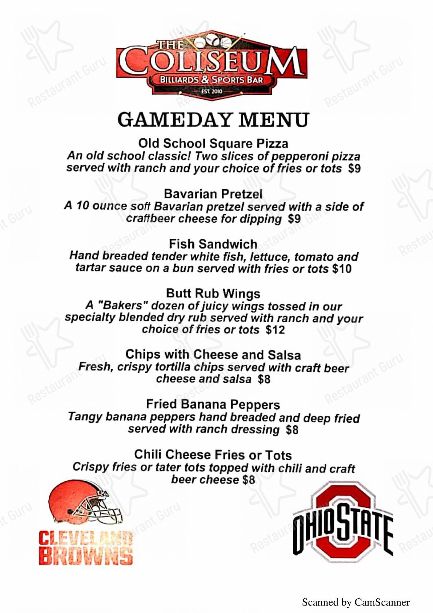 Menu at The Coliseum Billiards and Sports Bar, Greenville