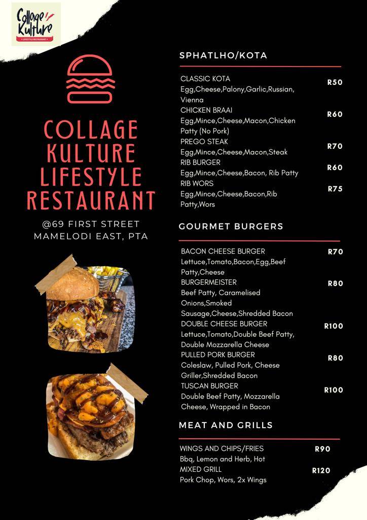 Menu at Collage kulture restaurant, Pretoria, 71 1st St